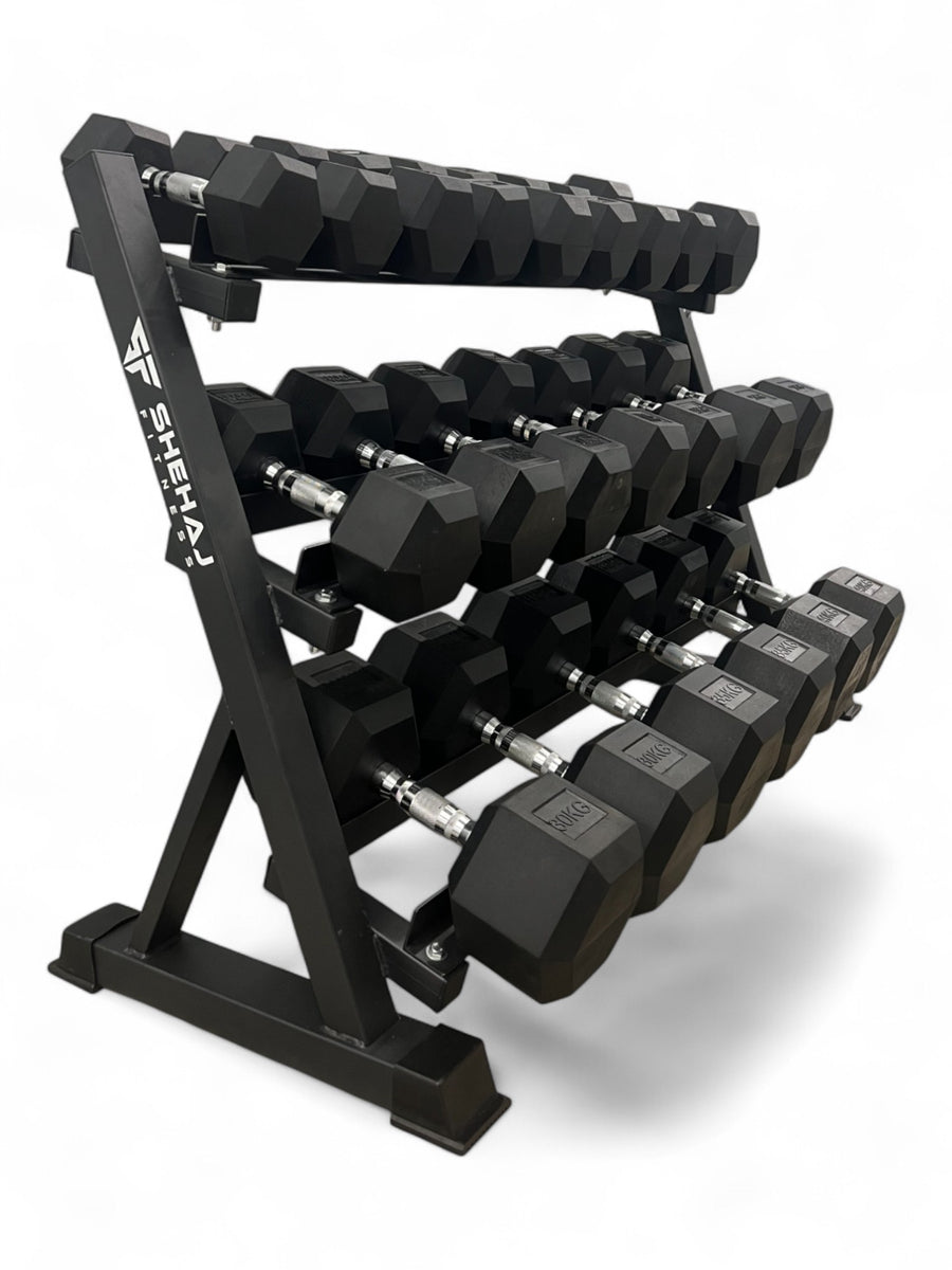 12.5kg–30kg Hex Dumbbell Set with 3-Tier Rack- 8 Pairs – Shehaj Fitness